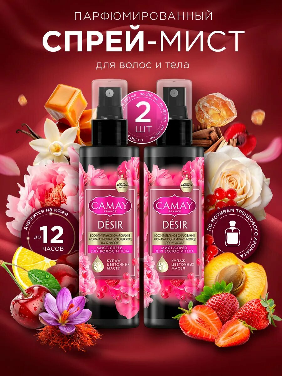 Набор спреев для тела Camay мист для волос и тела парфюмированный 190мл*2шт