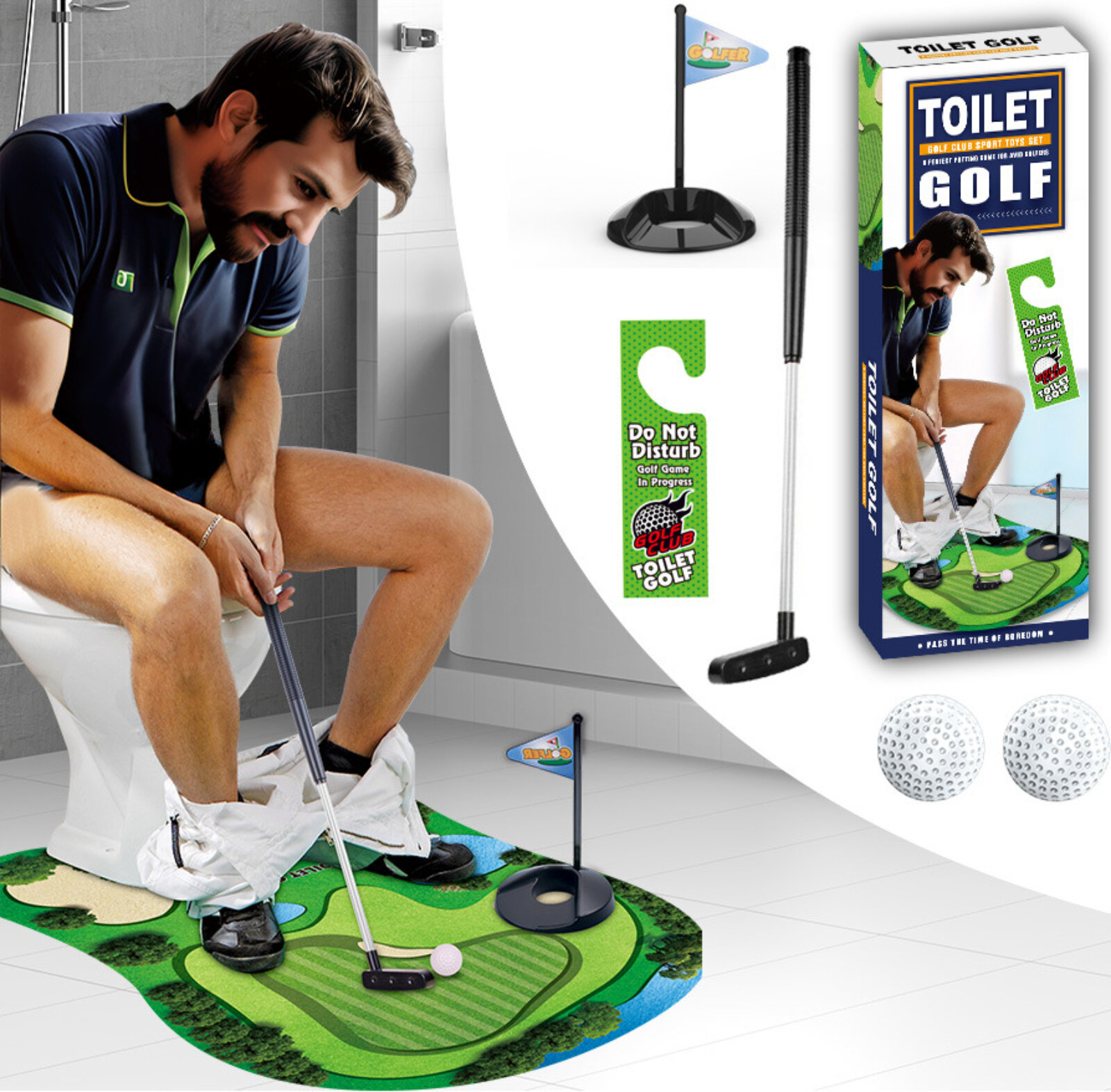 Игрушка для туалета Golf Scene Leisure and Entertainment Sports Toys Туалетный мини-комплект/Делюкс - 5-в-1, мини-гольф-клуб, 2 гольф-шарика, коврик для птинга (с дизайном полей гольфа), стойка для флага лунки, табличка "Не беспокоить", цветная коробка,