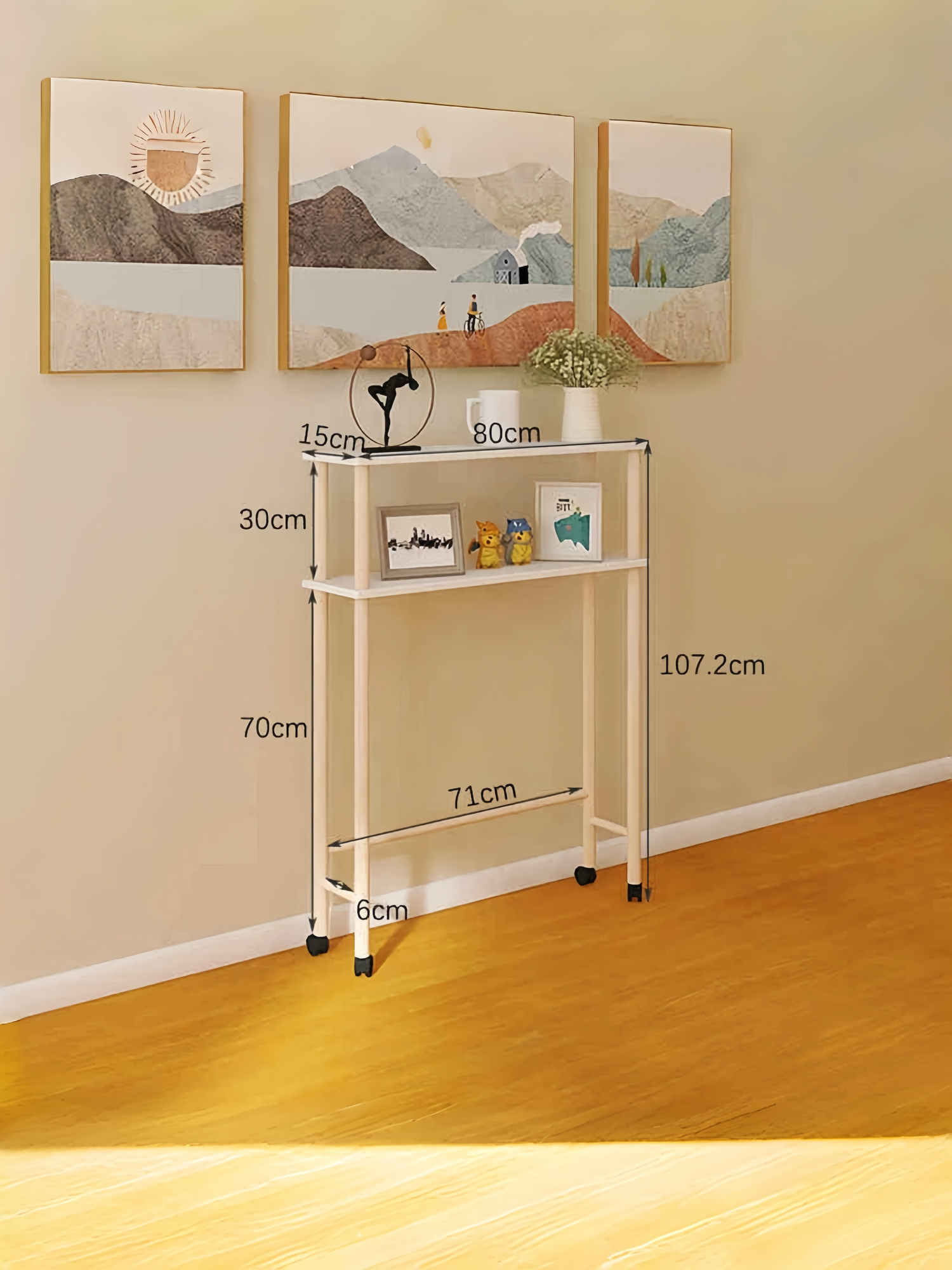 Консольный столик Компактный, Массив дерева столешницы, С полками, на колесиках, белый