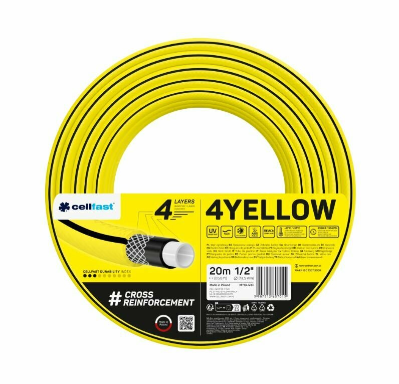 Шланг садовый CELLFAST 4YELLOW, армированный, 1/2 дюйма, 20 метров, 23 Бар
