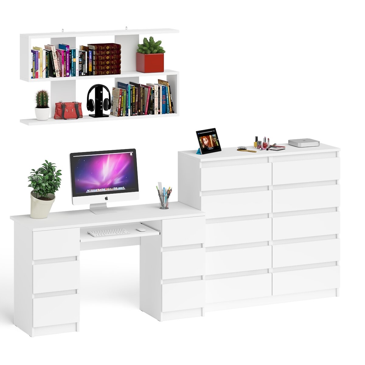 Комод Мори МК1200.10 со столом компьютерно-письменным и полкой сверху, белый, 255,8х50х209,6 см.