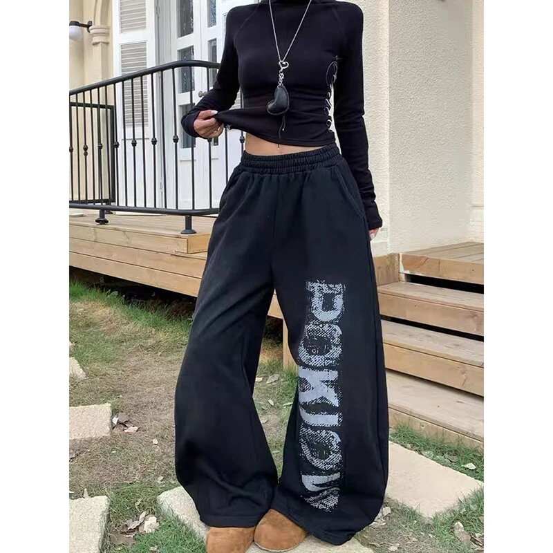 MON Женские джинсы Чистый цвет Серые с печатью Oversize танцевальные 2000-х эстетика хип-хоп, Размер_M