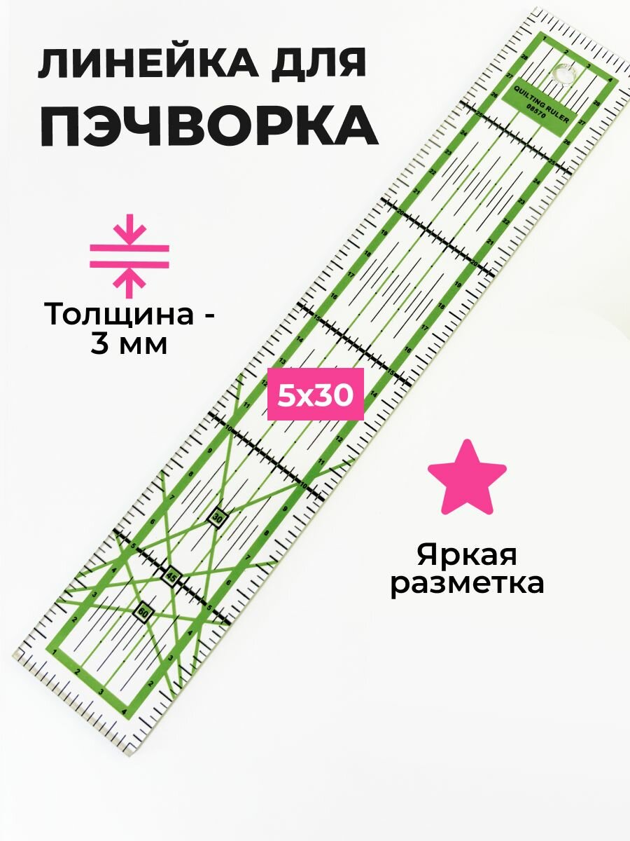Портновская линейка для пэчворка и кроя ткани — прозрачная раскройная с миллиметровой разметкой, 15×15 и 5×30 см