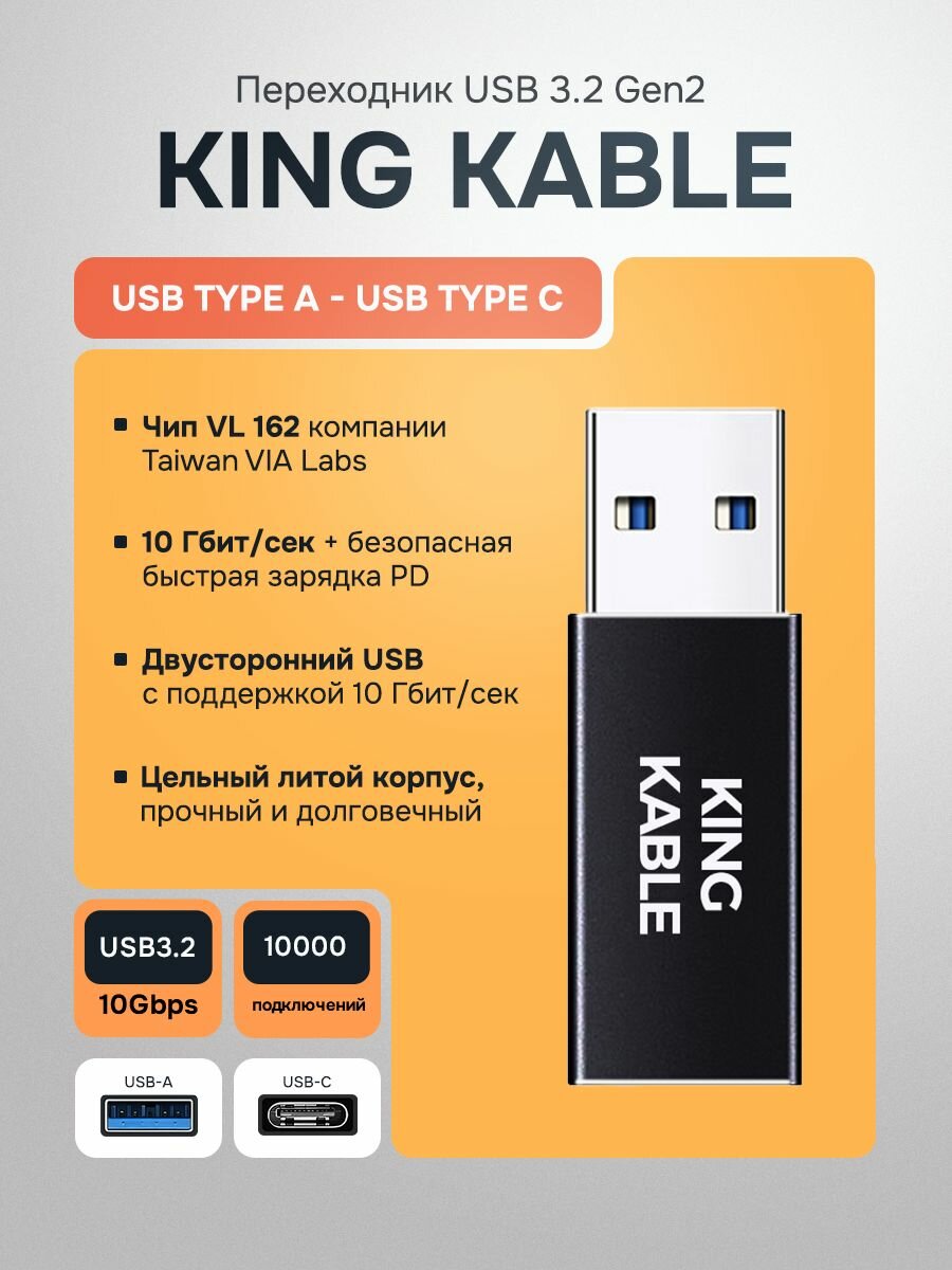 Переходник для кабеля KING KABLE OTG USB-A USB-C 3.2 Gen2 10 Гбит/с PD 10W профессиональный адаптер для камеры, телефона, ноутбука, VR и SSD