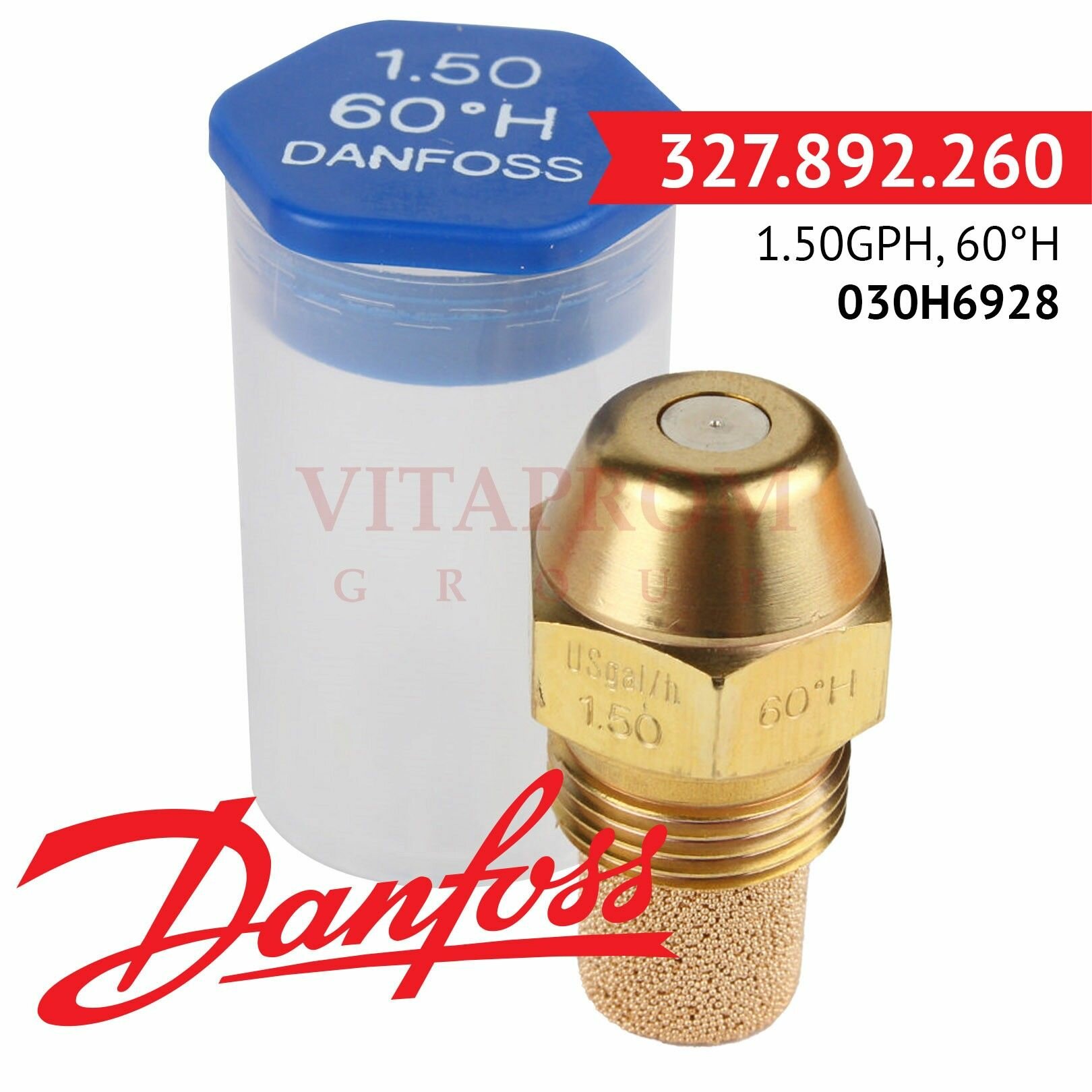 Форсунка Danfoss, 1.50GPH, 60H, 030H6928, H-образная форма распыла, угол 60 градусов, для дизельного топлива