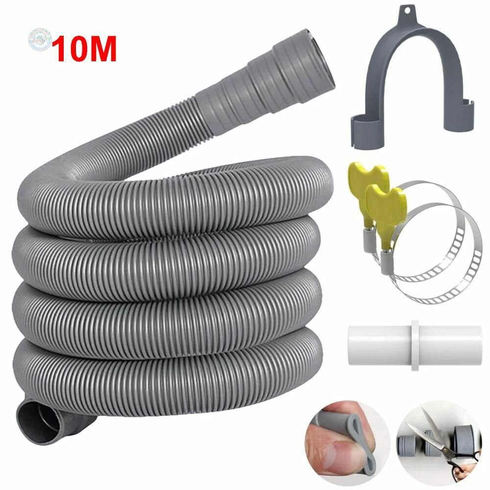 Удлинитель сливного шланга 10 м для стиральной и посудомоечной машины, комплект с адаптером и зажимами, гибкий гофрированный шланг для слива воды