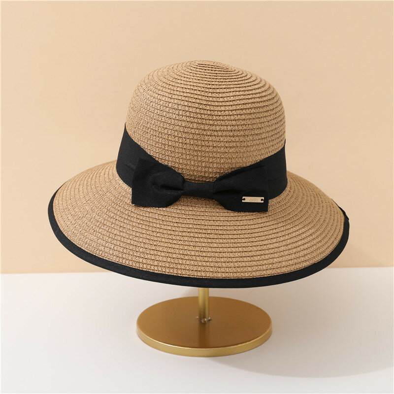 Новая большая женская соломенная шляпа с бантом, летняя солнцезащитная шляпа от солнца с полями, повседневная японская шляпа, соломенная шляпа бежевого цвета