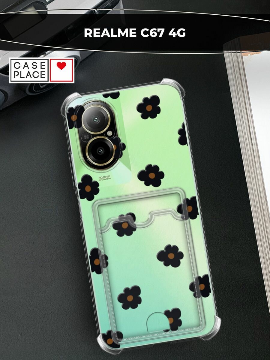 Чехол на Realme C67 4G (Реалми C67 4G) с картой и принтом Темные цветочки паттерн