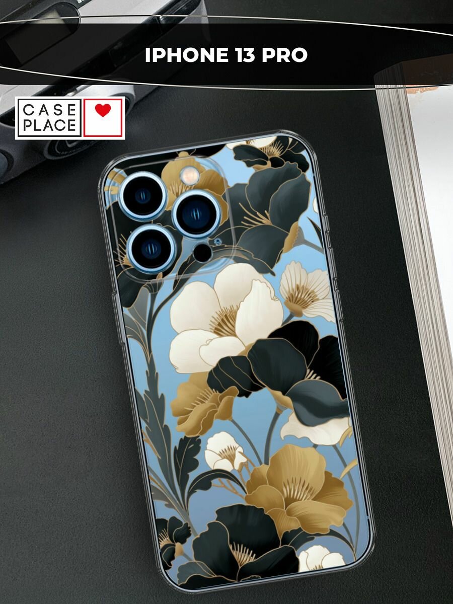 Чехол на Apple iPhone 13 Pro / Айфон 13 Про с принтом Золотые цветы