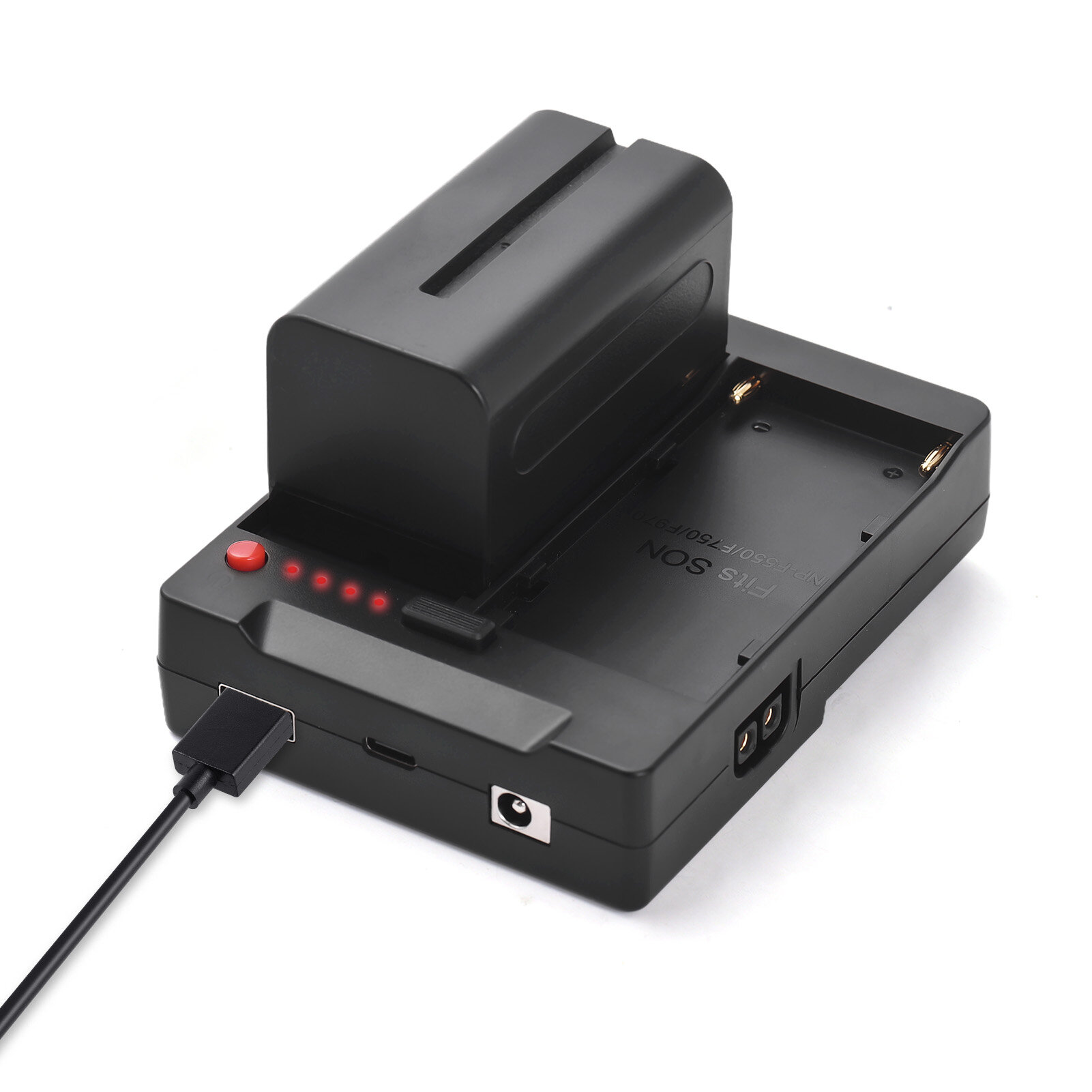 Адаптер плата для батарей NP-F970 F750 F550 к защелке V-Lock V-Mount с выходами USB-A Type-C DC D-TAP, 2 слота, размер 8.5*10.9*2.5cm, вес 118g, 1 шт.