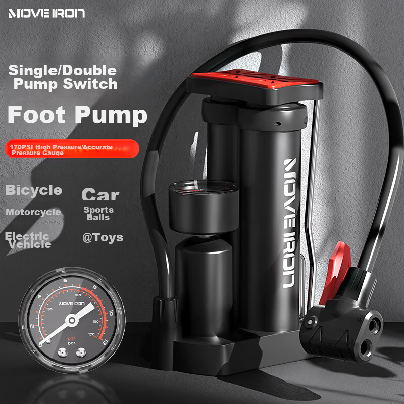 Move Iron Bicycle Pump, Foot-Operated High-Pressure Single/double Pump, Portable Inflator for Mountain And Road Bikes, with Precise Pressure Gauge