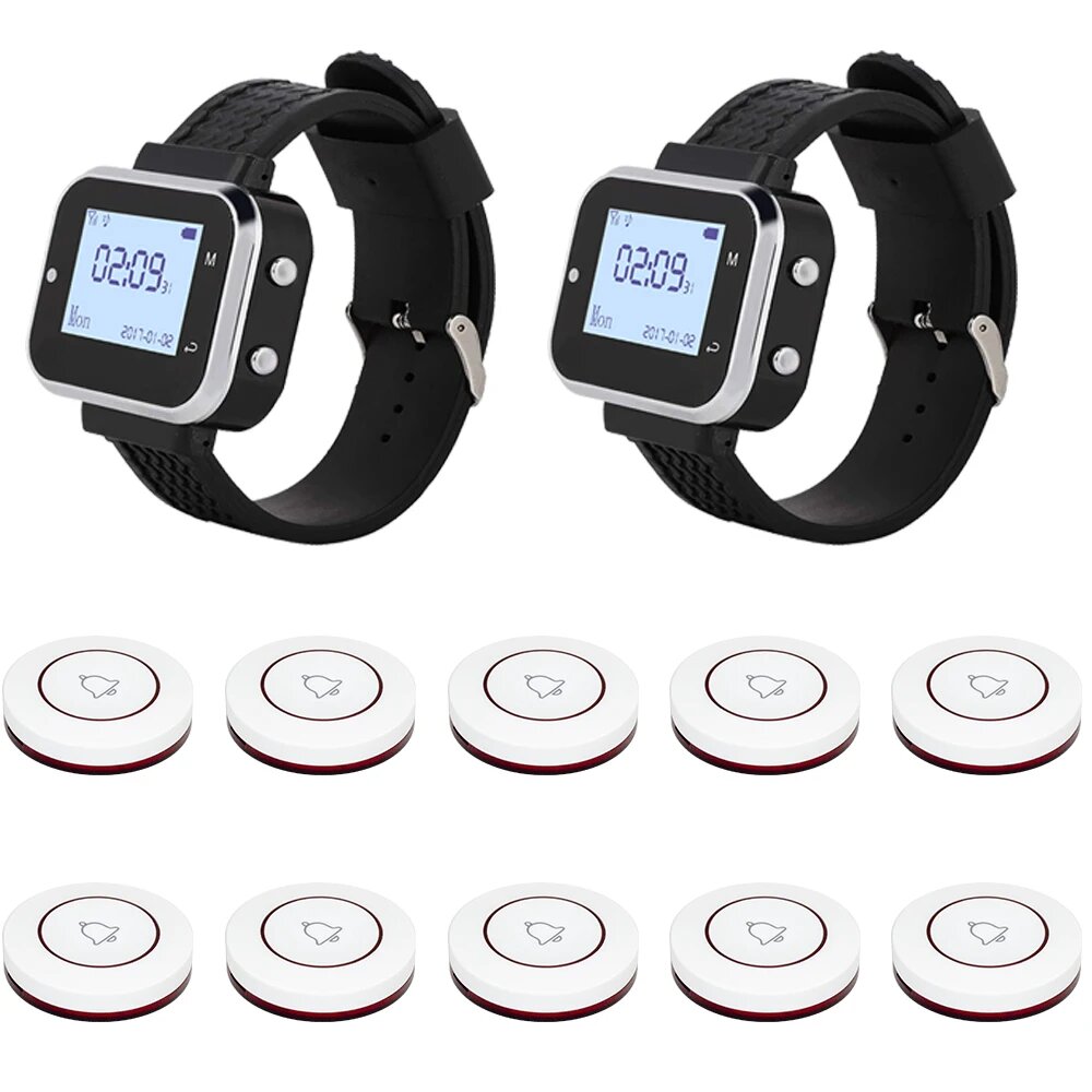 Черные часы-передатчики вызова watch10, 2 шт + 20 bells R
