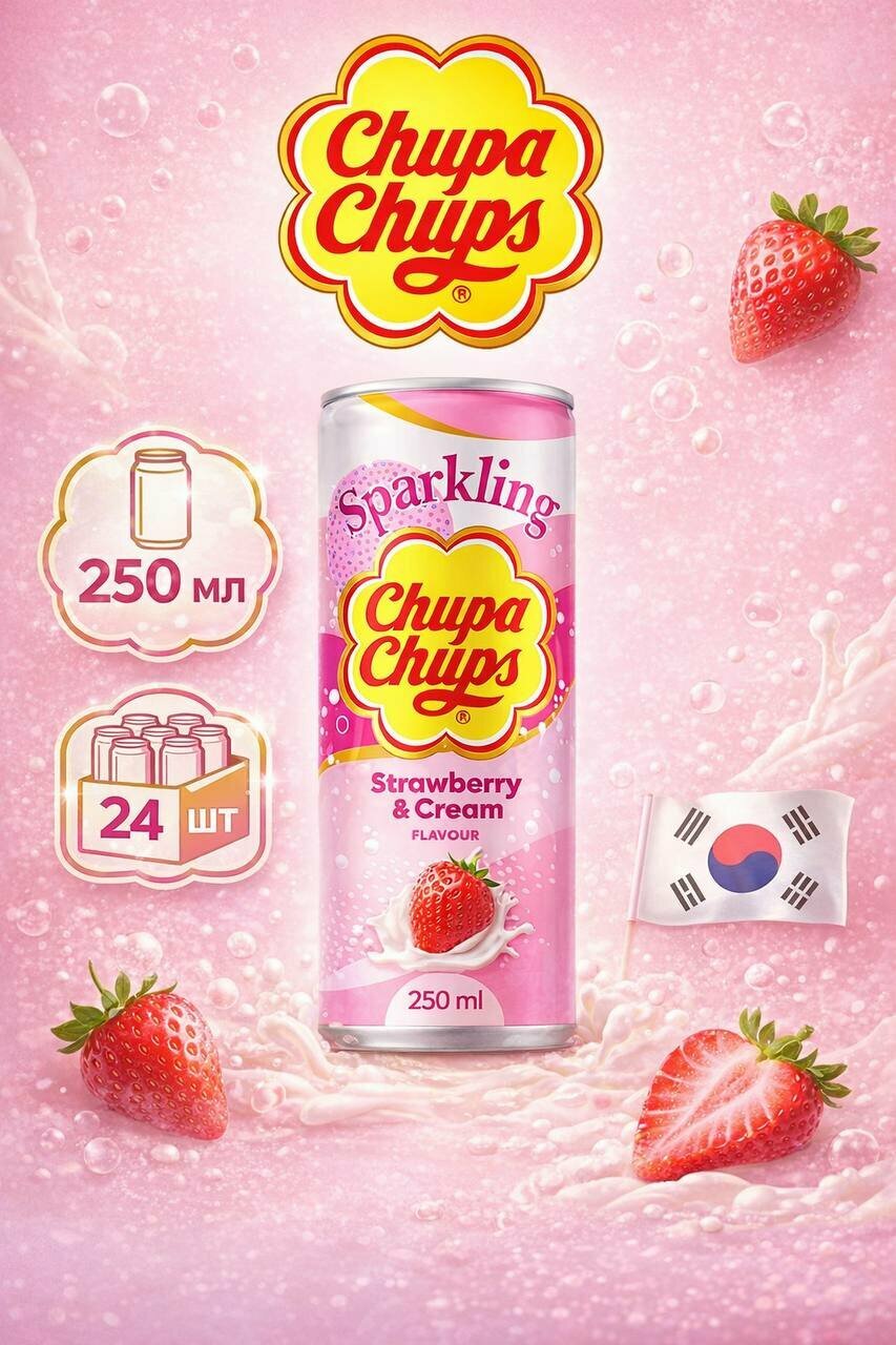 Газированный напиток Chupa Chups Strawberry Cream Чупа Чупс Клубничный Крем, 24 шт * 250 мл, Корея