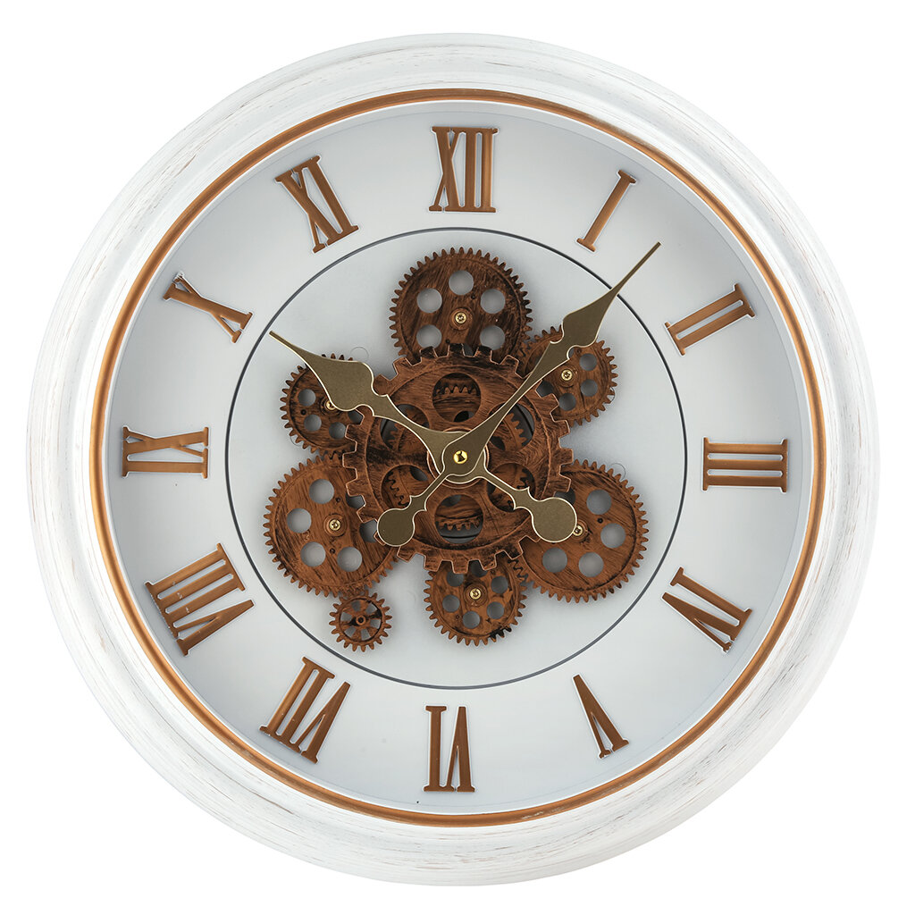 Часы настенные КНР "Империя" д 37,7-45,8 см, h 7 см, циферблат "Шестеренки" вращающиеся, белый-потертое золото; цифры римские, потертое золото; корпус пластик, белый, полоски золотого цвета; в лотке (CL191-11)