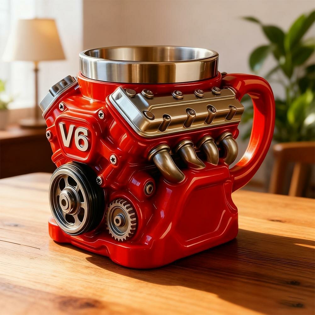 Кружка с изображением нового механического двигателя V8 — фото 1