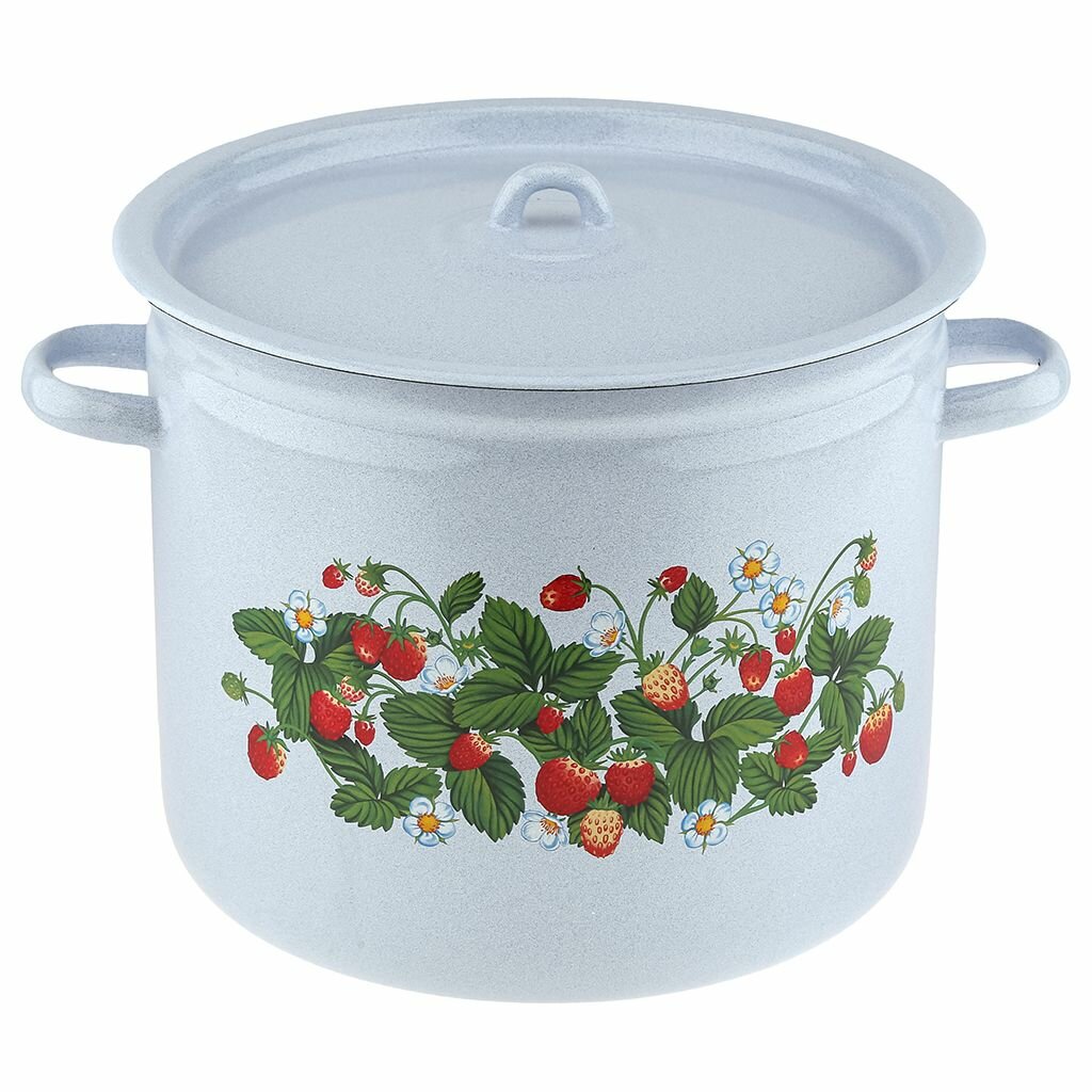Кастрюля Лысьвенские эмали "Земляника лесная", эмалированная, 12 л, форма цилиндрическая, металлическая крышка, металлические ручки, деколь (С-1624/4Рб)