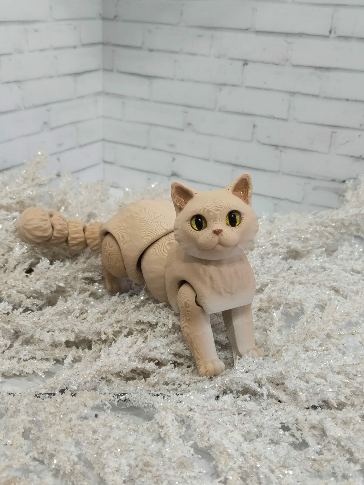 Кот, котик, подвижная фиджет игрушка-антистресс 17 см. Бежево-коричневый матовый. С реалистичными живыми глазками. 3D печать. Сделано в России.