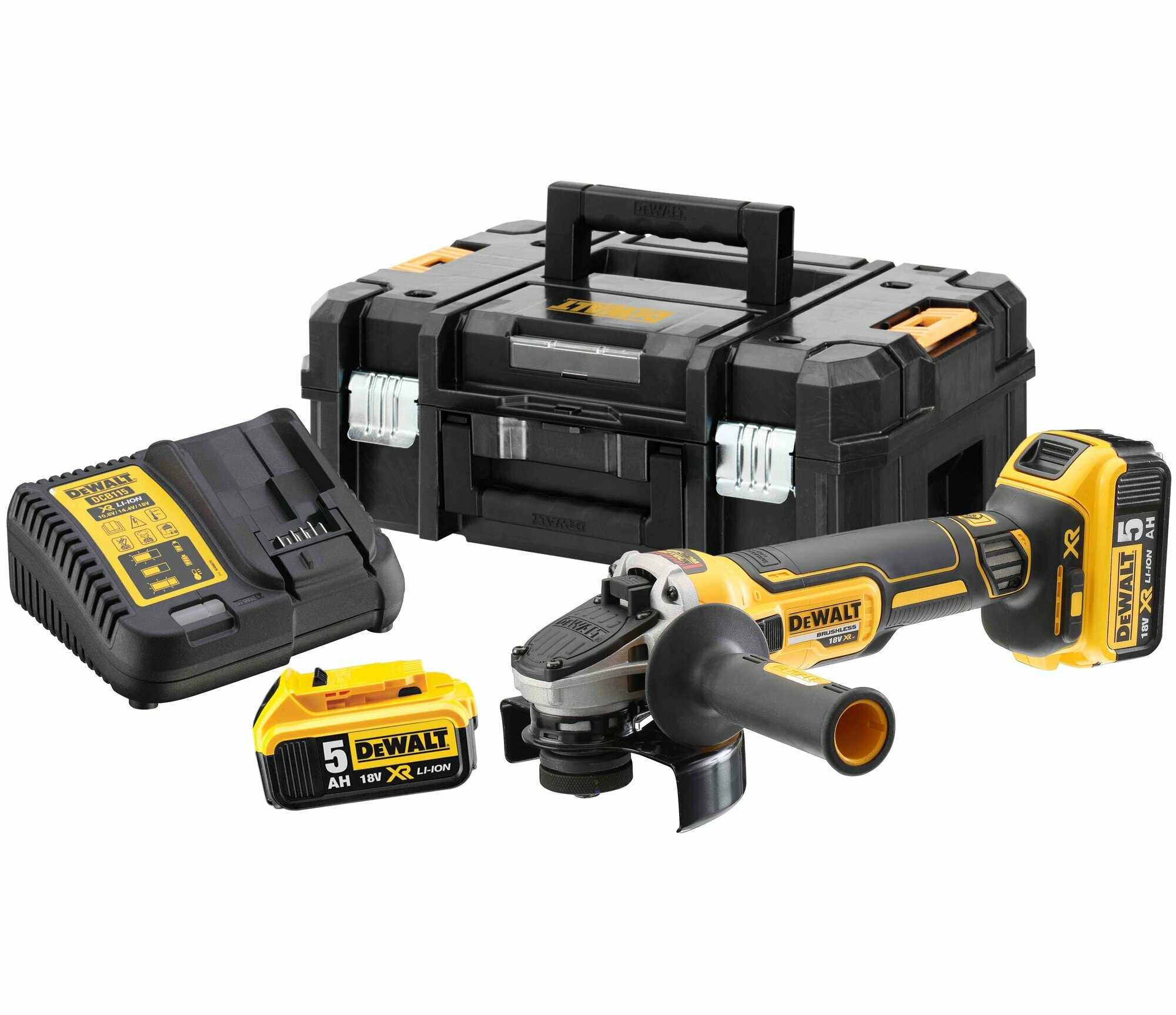 Dewalt Аккумуляторная угловая шлифмашина DCG405P2, 18 В, 125 мм, 9000 об/мин, с 2 АКБ 5 Ач и ЗУ, в кейсе TSTAK () DCG405P2-QW