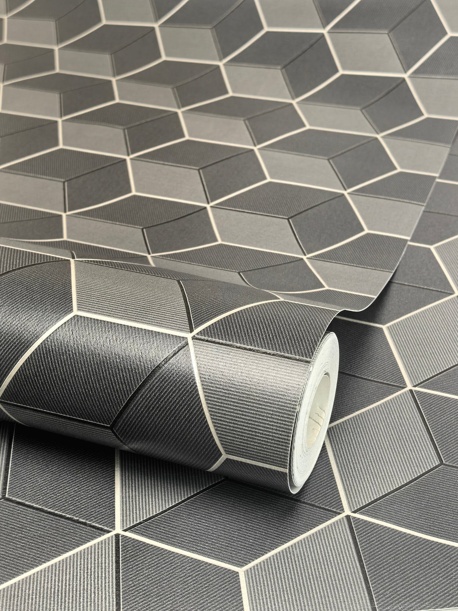 Обои виниловые моющиеся с геометрическим рисунком, 3Д эффектом и компаньоном, плотные, не просвечивают, черные