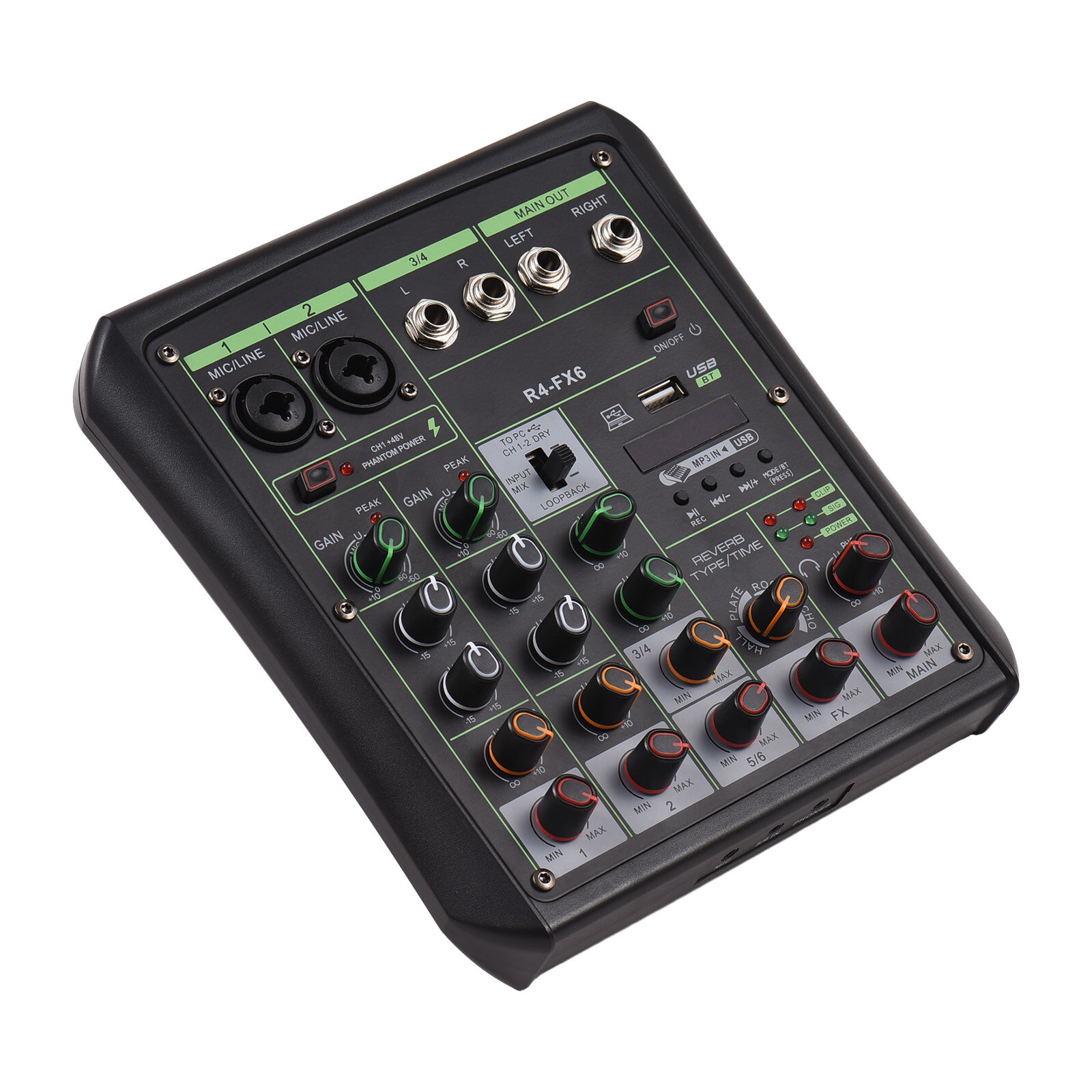 6 Channel Audio Mixer с 48V Phantom Power, OTG, USB, MP3 player, Recording, BT Sound Console для Home Theater, Computer Audio Interface, Plastic, 20*18*4.5cm, 617g, 1 x Mixing Console, 1 x Live Streaming Line, 2 x Power Cord, 2 x Adapter, 1 x Instructions