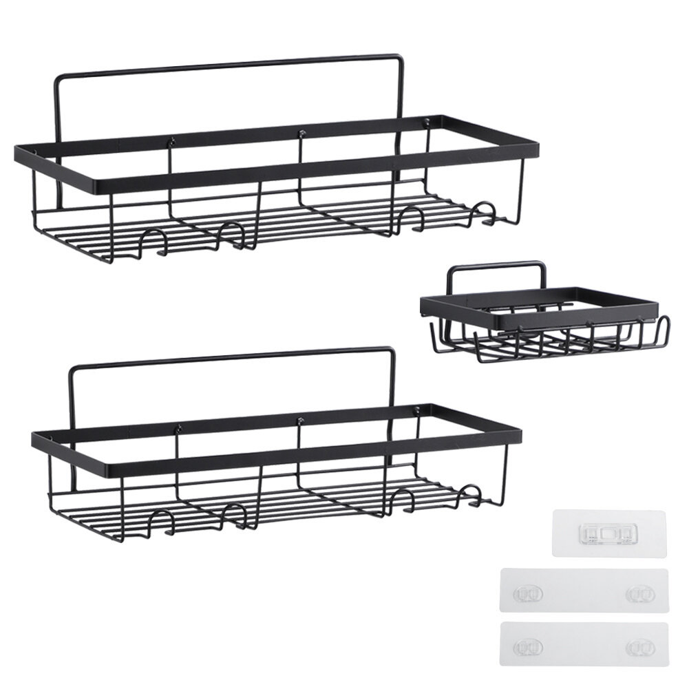 Душевой органайзер с крючками 3 шт, встроенный в ванную и кухню, без сверления, черный, железо, размеры 32*13.5*6 см (L), 30.5*11.5*6 см (M), 12*9.5*3.5 см (S), в комплект входят 2 дверцы для душа и 1 мыльный поддон, 3 безшпильные наклейки