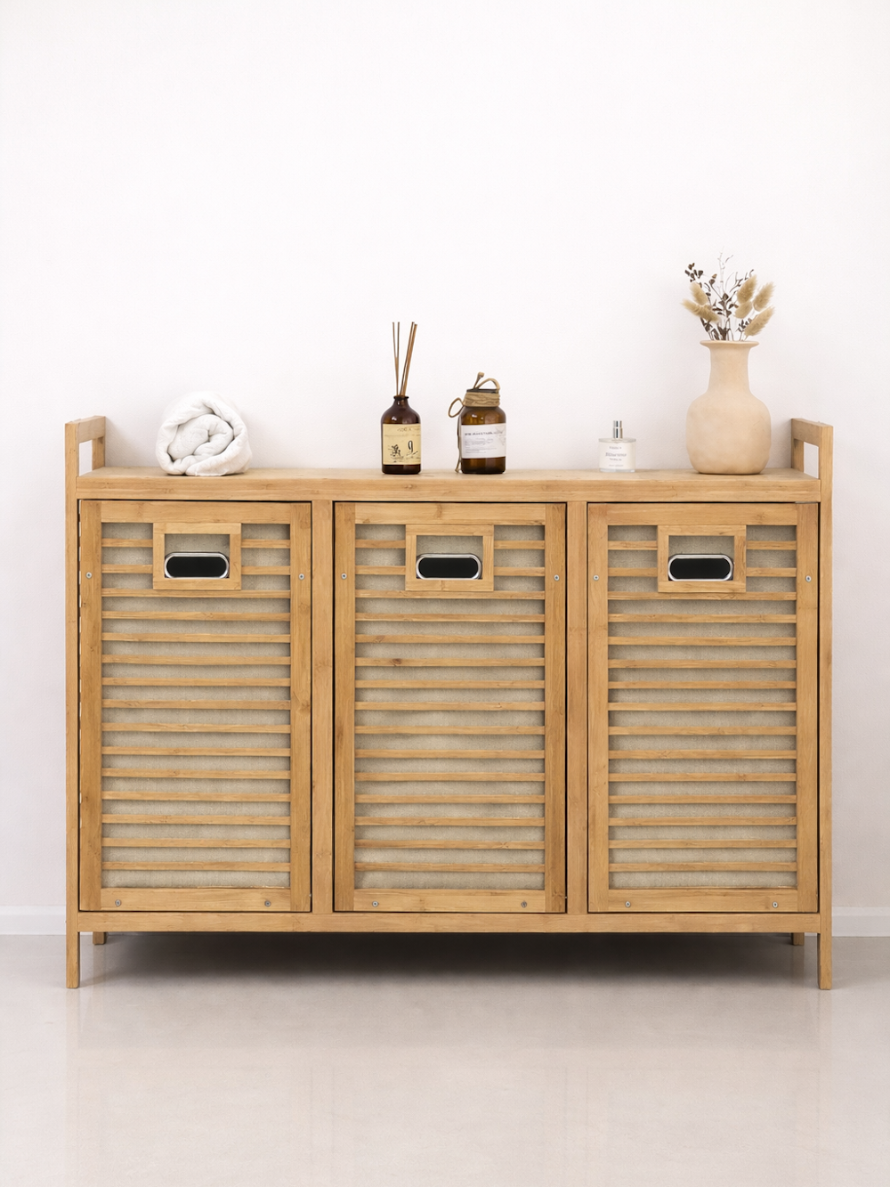 Стеллаж в ванную с корзиной для белья, этажерка для ванной Bambuchka, 100х30х72 см, натуральный бамбук