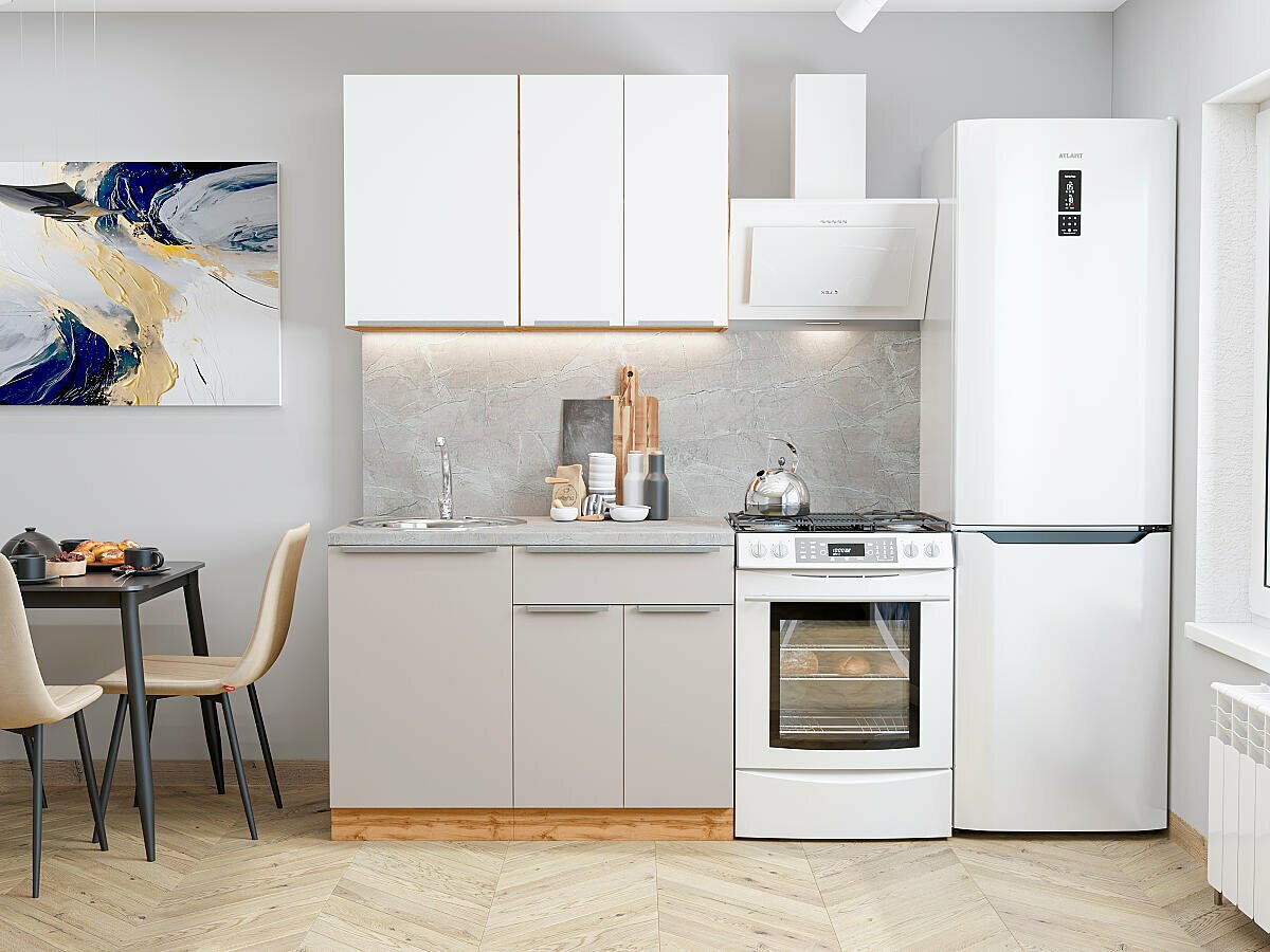 Готовый кухонный гарнитур кухня 1 метр Фьюжн-05 2140*1000*600 Silky White, Clay Silk