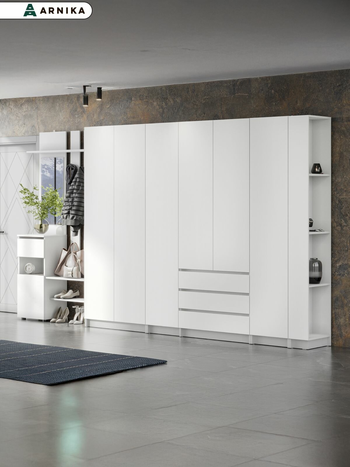 ARNIKA Прихожая Бали, вешалка с зеркалом 3,6м, белый