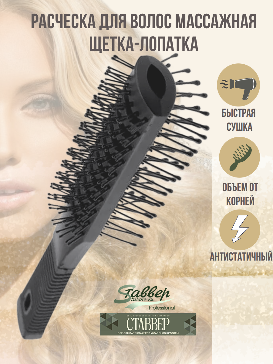 Расческа Stavver, массажная, туннельная, для сушки феном, черная