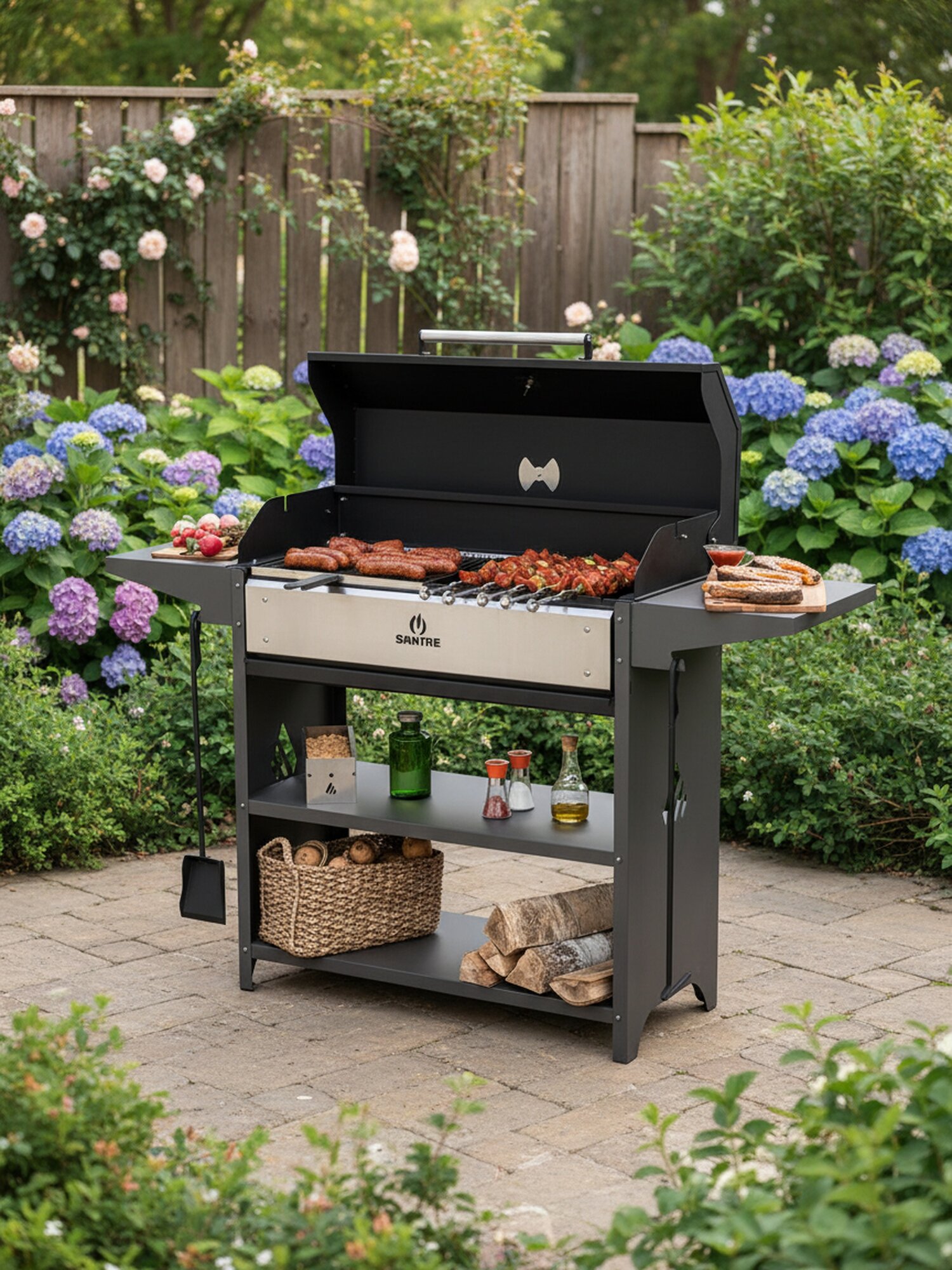 Мангал 1582х445х1110 мм, 3 мм, разборный, с крышкой, стационарный, крыша, гриль, складные полки, термоизоляция, Gratar, Profession