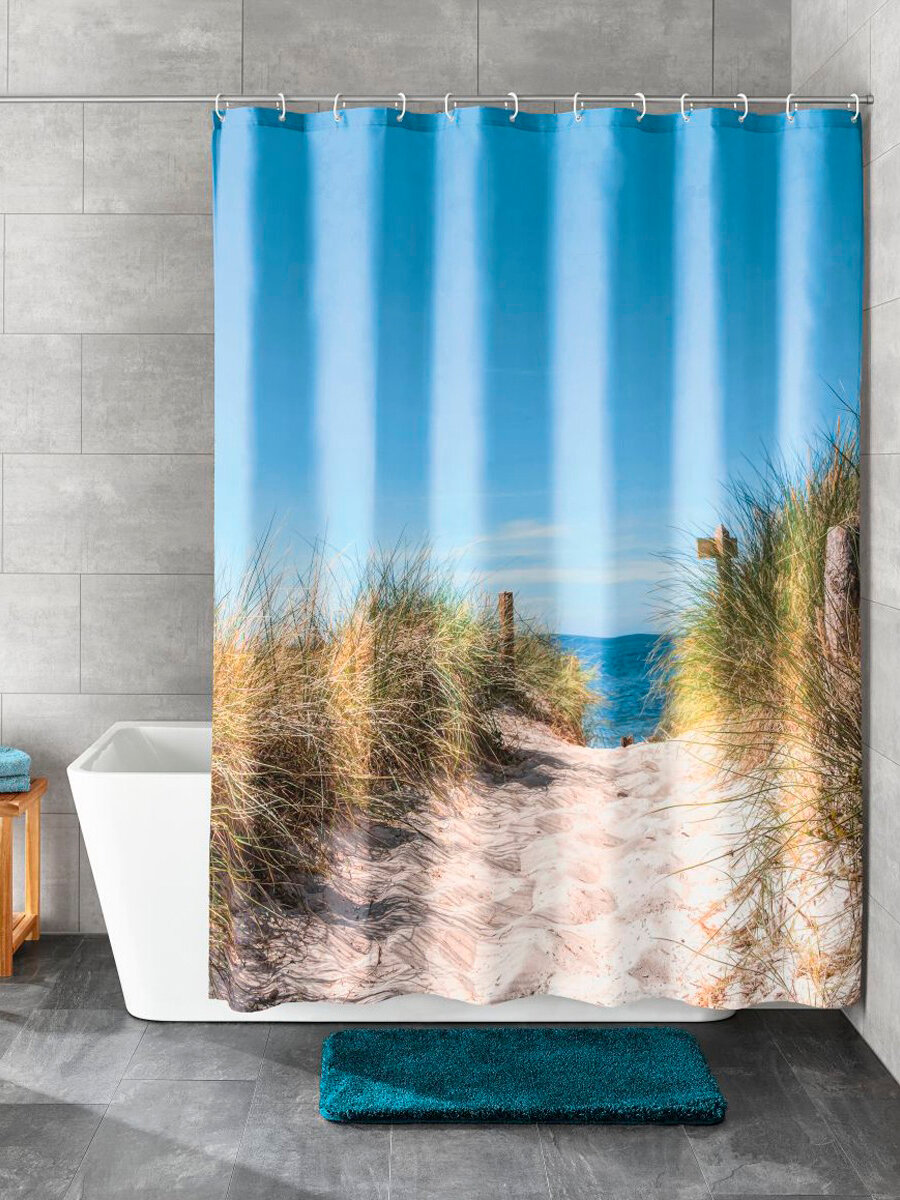 Штора тканевая для ванной Kleine Wolke Borkum 180х200см, цвет голубой с бежевым