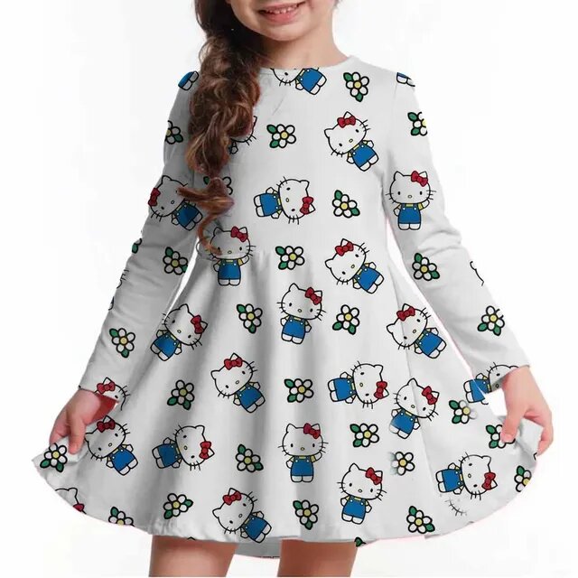 Платье с длинными рукавами и принтом Hello Kitty для девочек, идеально подходит для повседневной носки в праздничные дни, вечеринок или в качестве подарка.