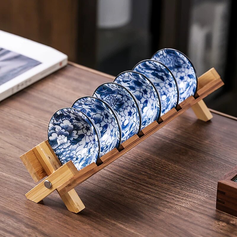 Сине-белые конические чашки для кунг-фу чая, набор из 6 штук с подставкой, керамические чашки с полноцветной имитацией