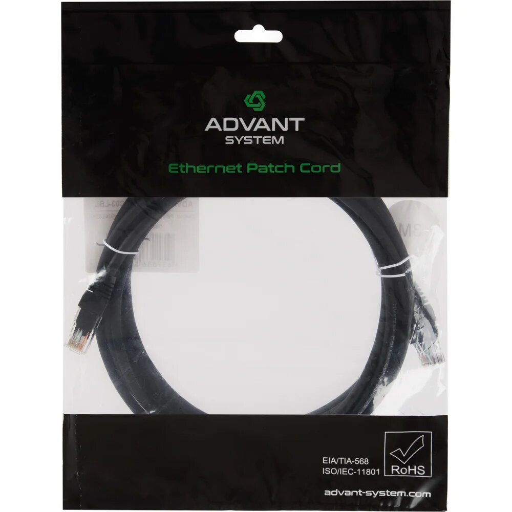 Патч-корд Advant кат. 5е, U/UTP, 4 пары (AWG24), многожильный, оболочка LSZH, цвет: черный, длина: 3 м ADV5е-PC03-LBL