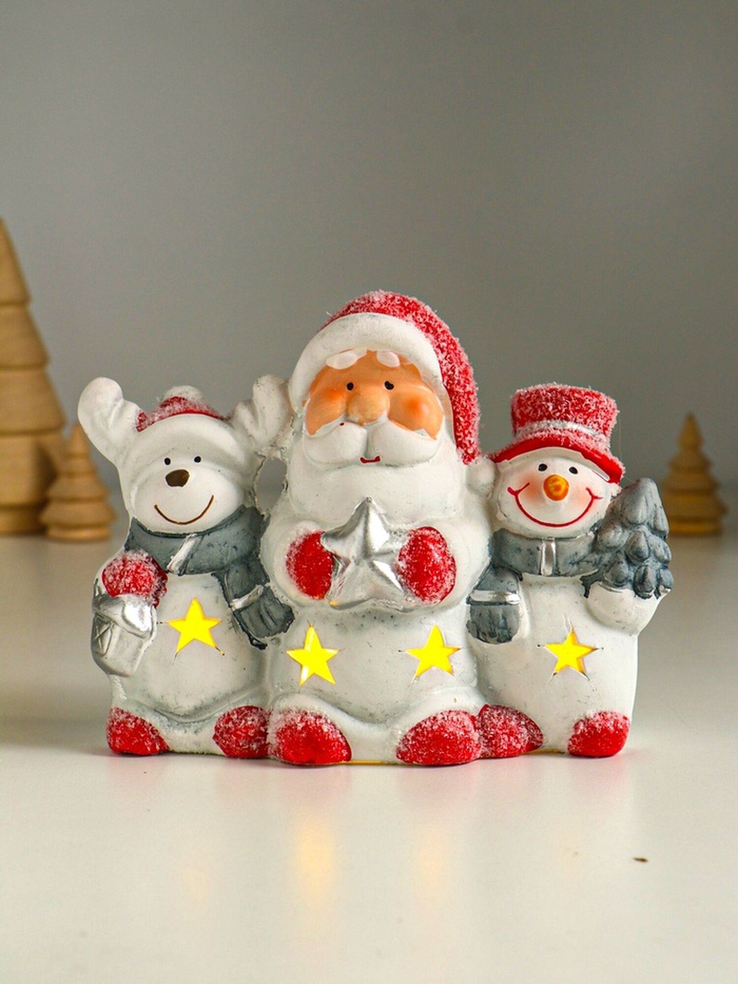 Фигурка светящаяся «Дед Мороз, снеговик и лосик», керамика, 15.5×5.8×11.5 см