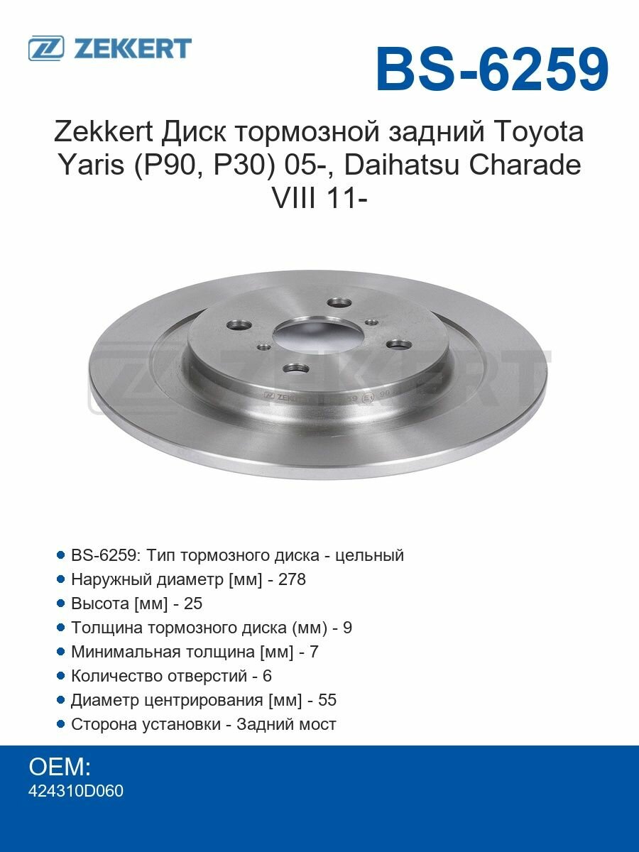 Zekkert Диск тормозной задний Toyota Yaris (P90, P30) 05-, Daihatsu Charade VIII 11-