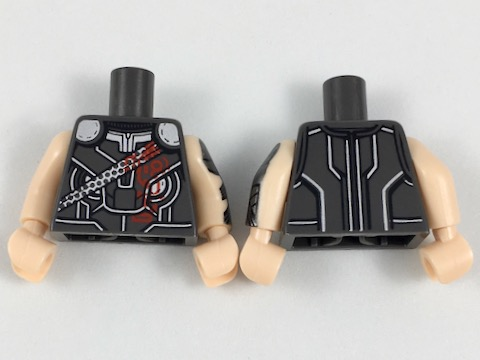 Torso Armor with Silver Shoulders, Trim and Contour Lines, Thin Sash, Red Markings Pattern / Light Nougat Arm Left with Dark Silver Armor Pattern / Light Nougat Arm Right / Light Nougat Hands, 973pb2969c01 Pearl Dark Gray U