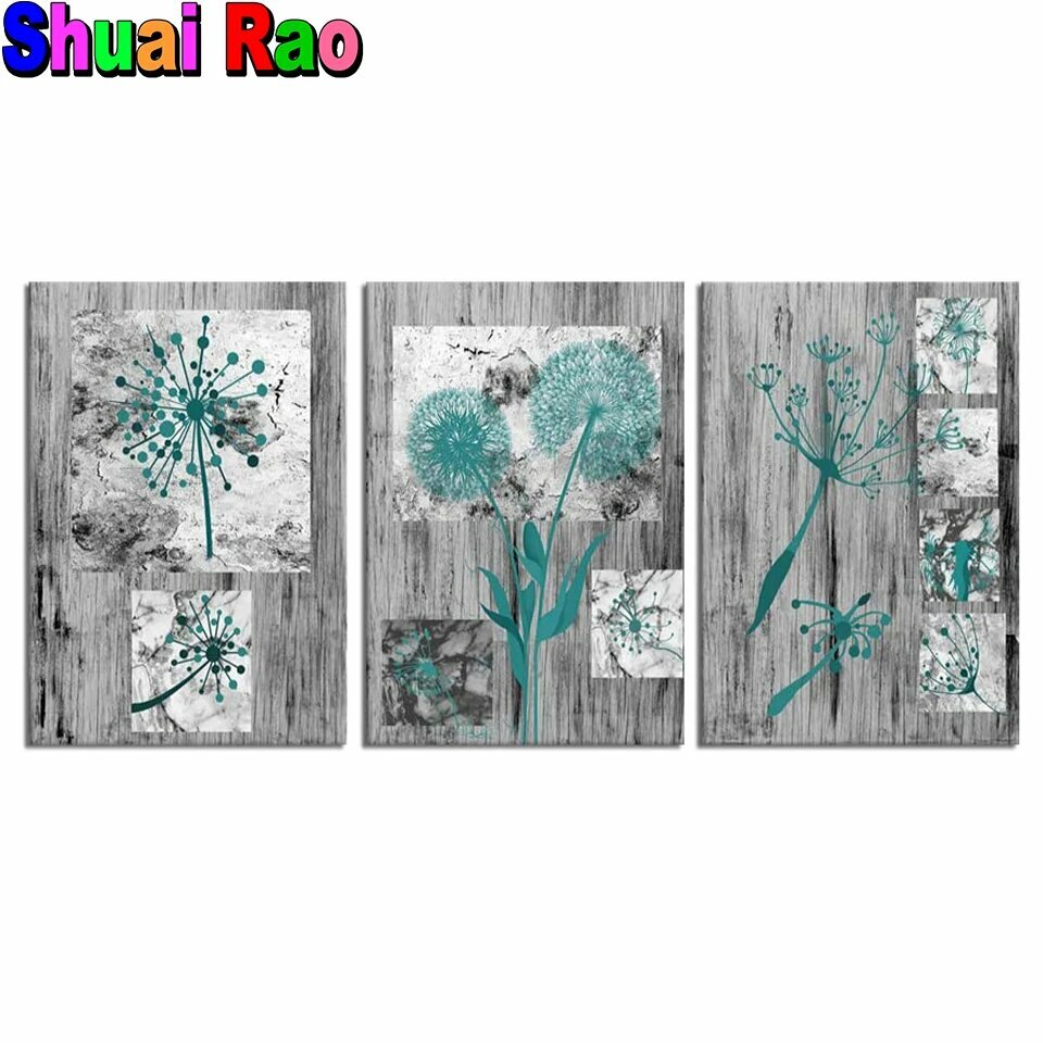 Алмазная живопись "Абстрактный сине-зеленый одуванчик" 3 шт. square 45x60cmx3pcs