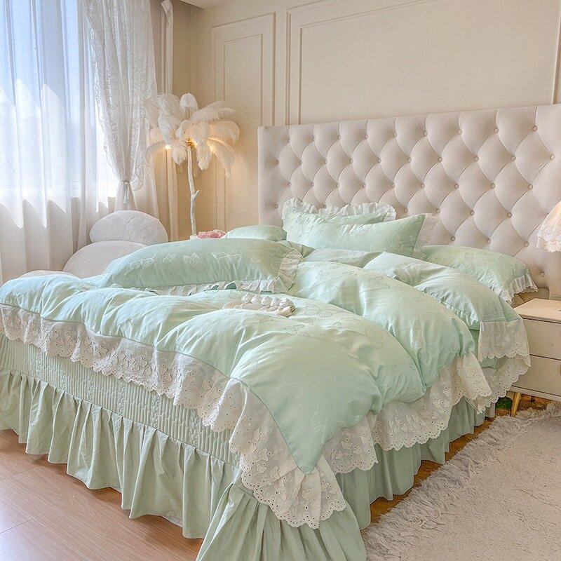 Butterfly Dream Лаймовый зеленый постельный комплект 3-х предметов 245x245 см из 100% хлопка с французским кружевом