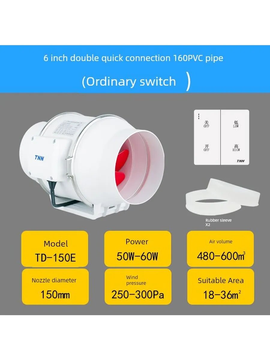 Канальный вентилятор (2 скорости, 150мм, ПВХ труба)
