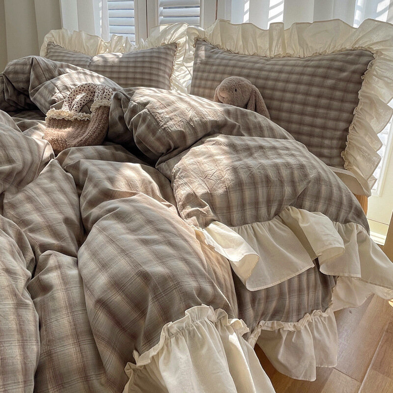 Серо-светлый клетчатый комплект постельного белья Linen из хлопка (4 предмета) с пододеяльником для кровати 1.5 м,
