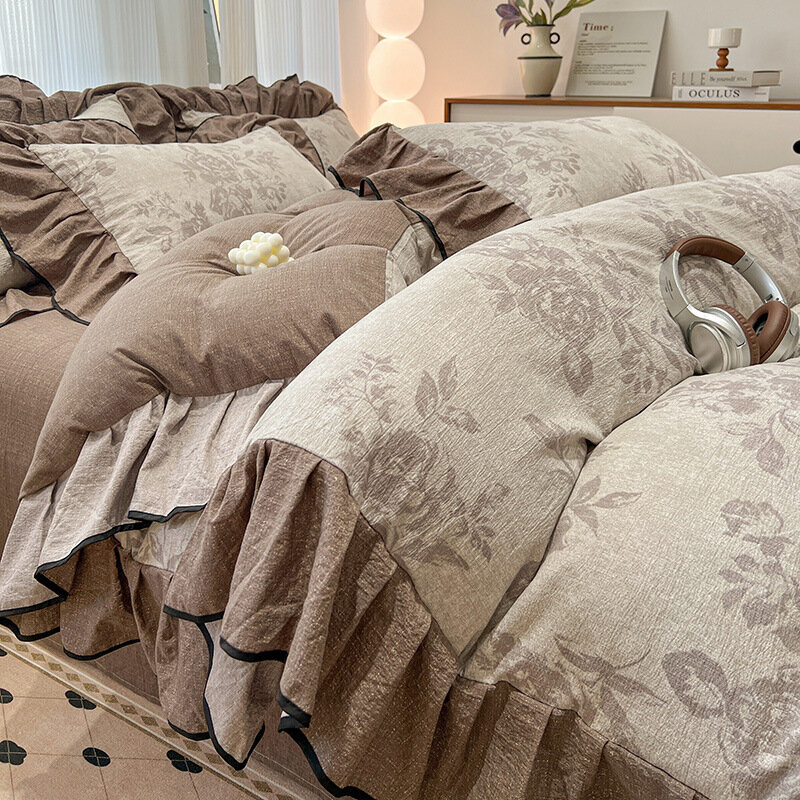 Французский ретро зимний льняной чехол для пододеяльника из сырой конопли в ретро стиле, четырехкомпонентный, с рюшами