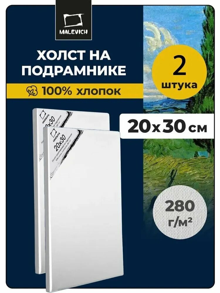 Набор холстов на подрамнике Малевичъ, хлопок 280 г, 20x30 см, 2 шт