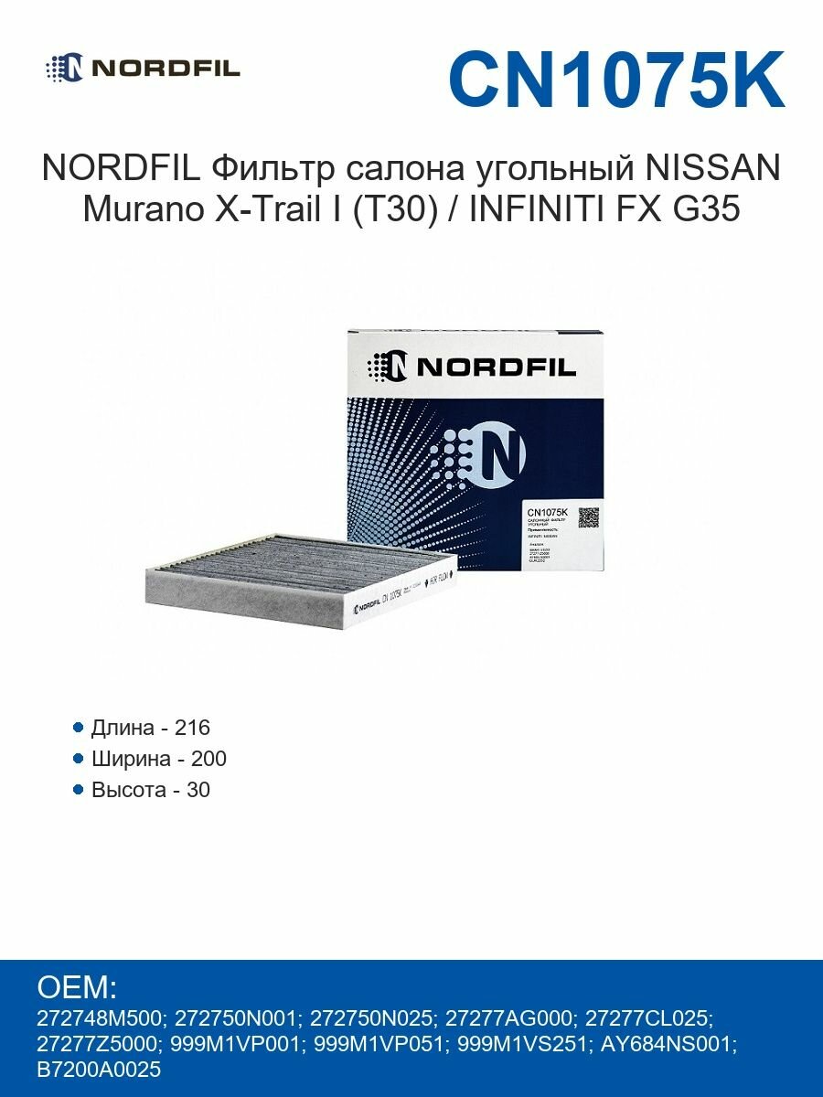 NORDFIL Фильтр салона угольный NISSAN Murano X-Trail I (T30) / INFINITI FX G35