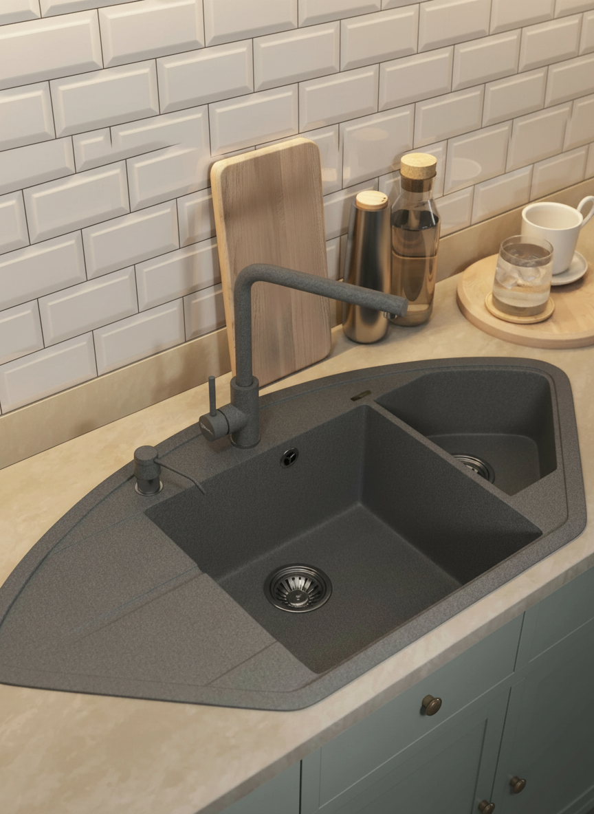 Кухонная мойка кварцевая Uperwood Quartz UPD-06-03, угловая двухсекционная, серая