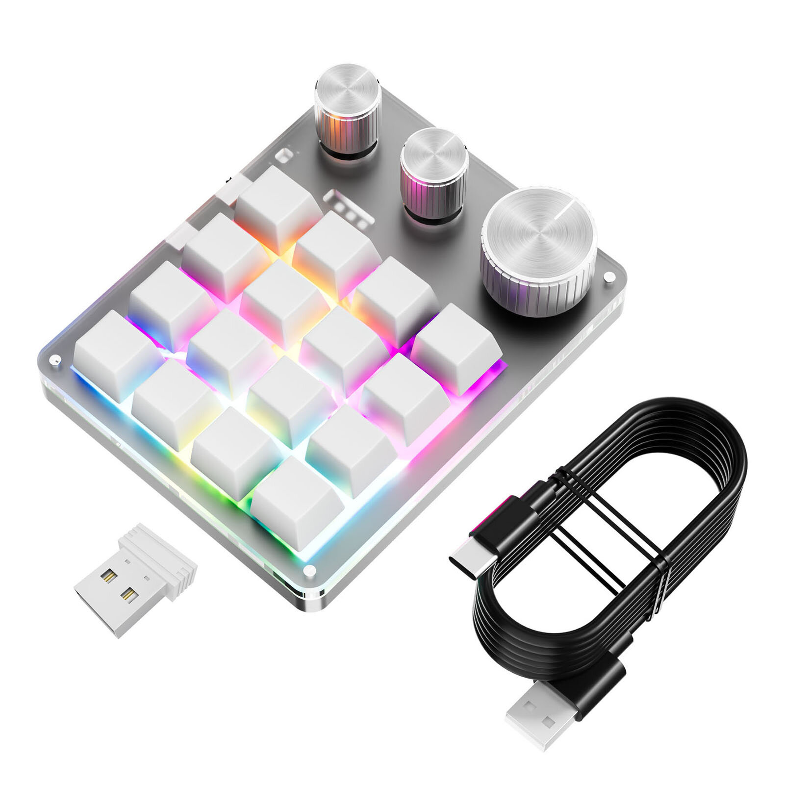 Настраиваемая клавиатура для программирования, проводная USB + Bluetooth 2.4G, игровая клавиатура с 16 клавишами и 3 регуляторами, белая.