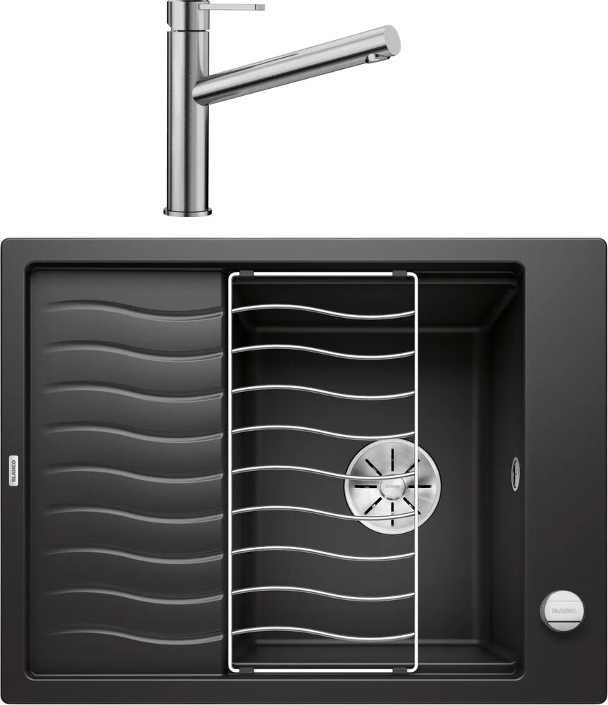 Комплект Мойка Blanco Elon 45S 525879 65x50, черная, искусственный гранит / Смеситель Ambis Ambis 523118 сталь