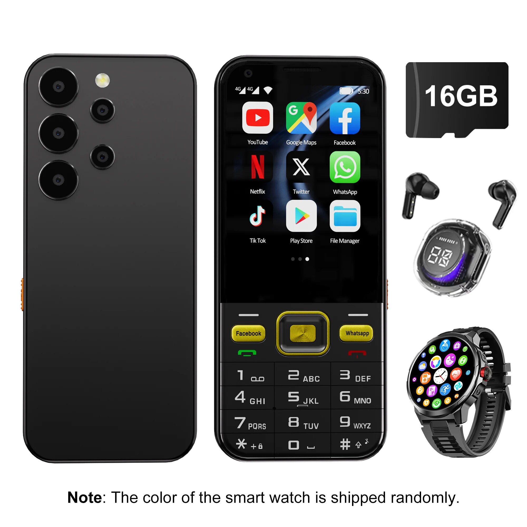 Черный кнопочный смартфон 4G 2GB+16GB с WhatsApp и Smart Watch