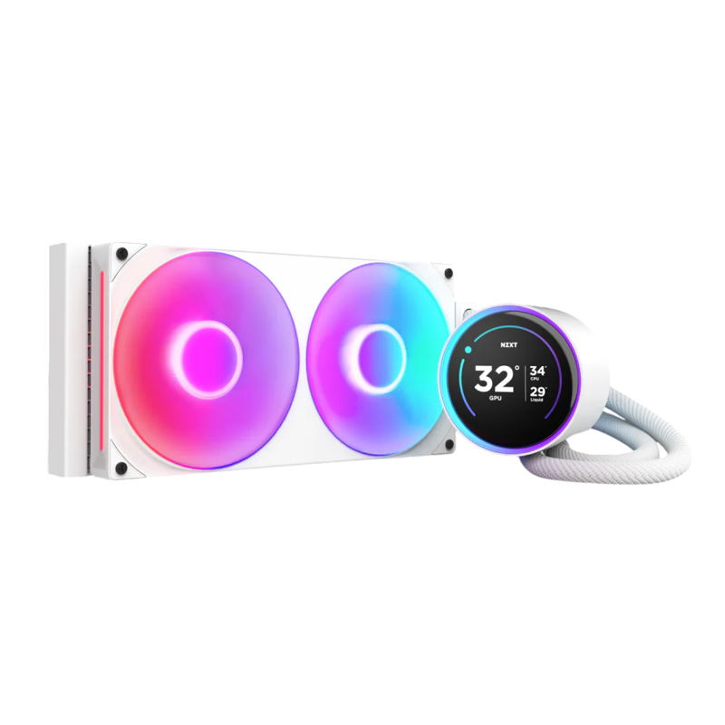 Система жидкостного охлаждения для ПК/ Water Cooling System NZXT Kraken Elite 280 RGB (250W, 280mm, LED temp, White/ Fans: 2x140mm, 98.61CFM, 34.5dBA, 2000RPM/ Pump height 65mm, 2800RPM, Rad thickness 27mm/ S: 1851, 1700, 1200, 115X, AM5, AM4)