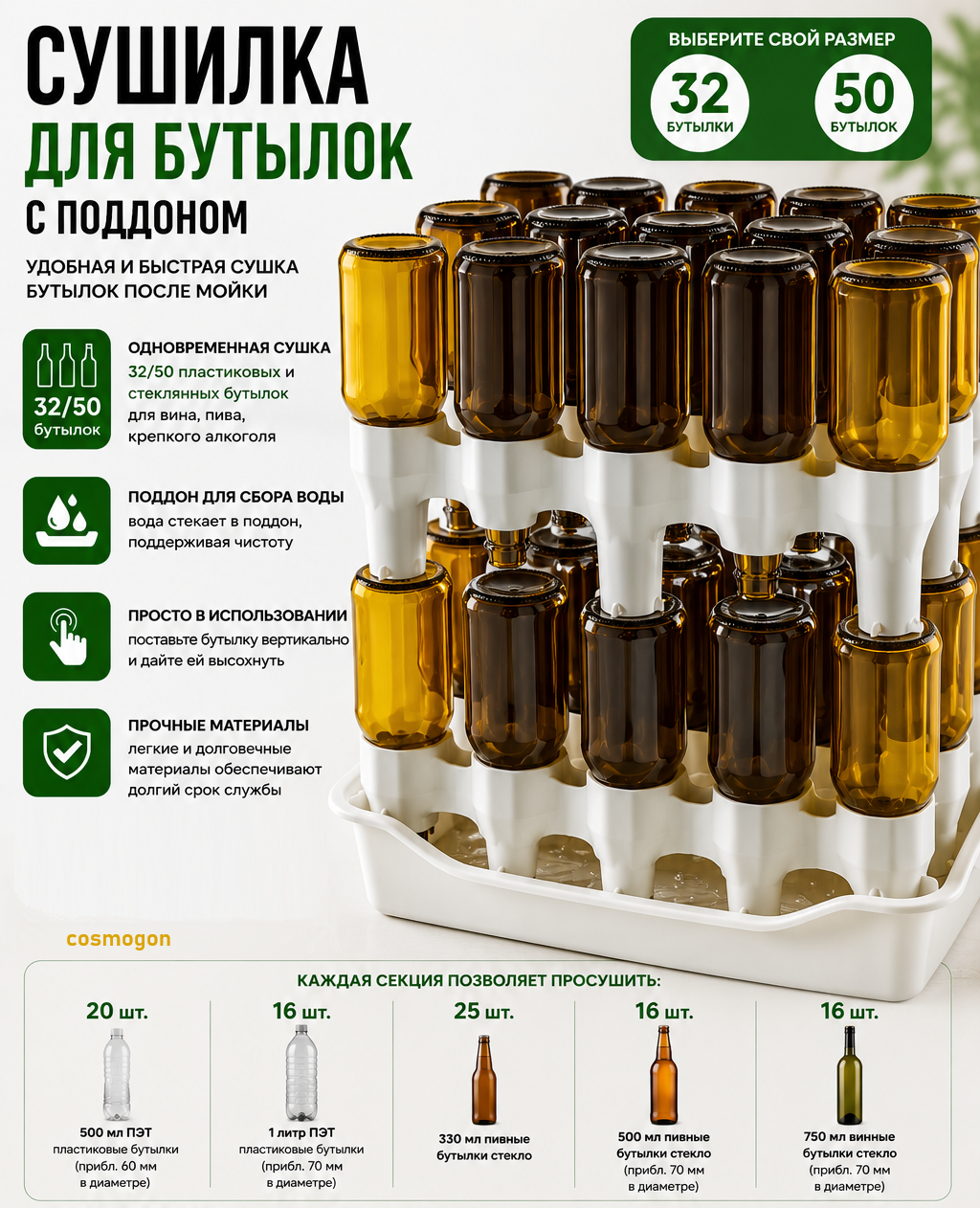 Сушилка для бутылок стеклянных и пластиковых с поддоном для 32/50 бутылок